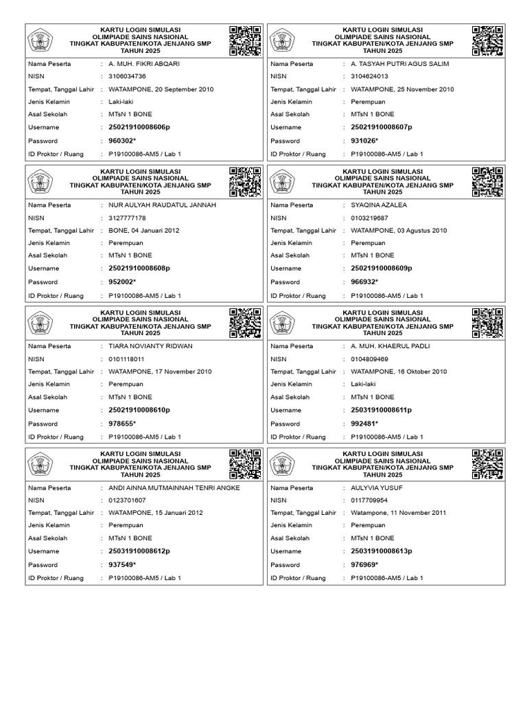 Kartu Login Olimpiade Sains SMP 2025 | PDF