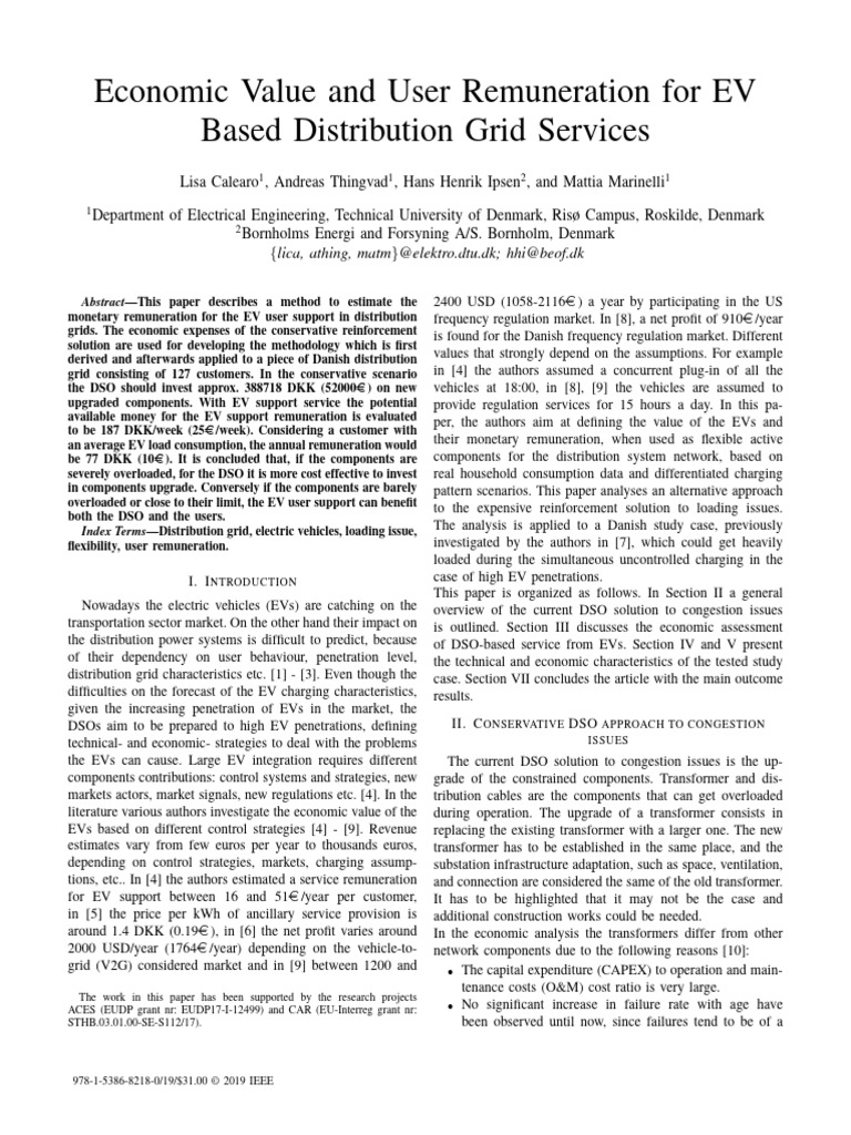 Economic Value and User Remuneration For EV Based Distribution Grid ...