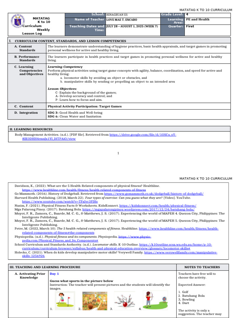 DLL Matatag - Pe & Health 4 q1 Week 7-8 | PDF | Physical Fitness