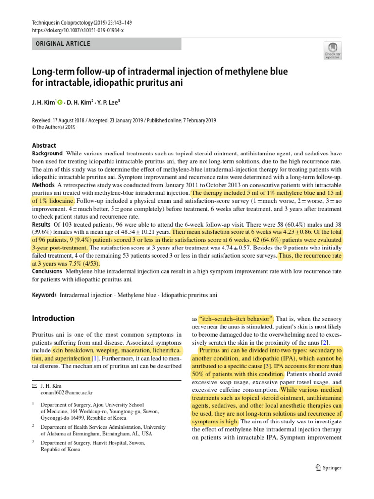 Intradermal Injection of Methylene Blue For Pruritus Ani | PDF ...