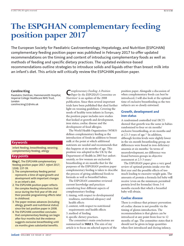 The ESPGHAN Complementary Feeding Position Paper 2017 | PDF | Food ...