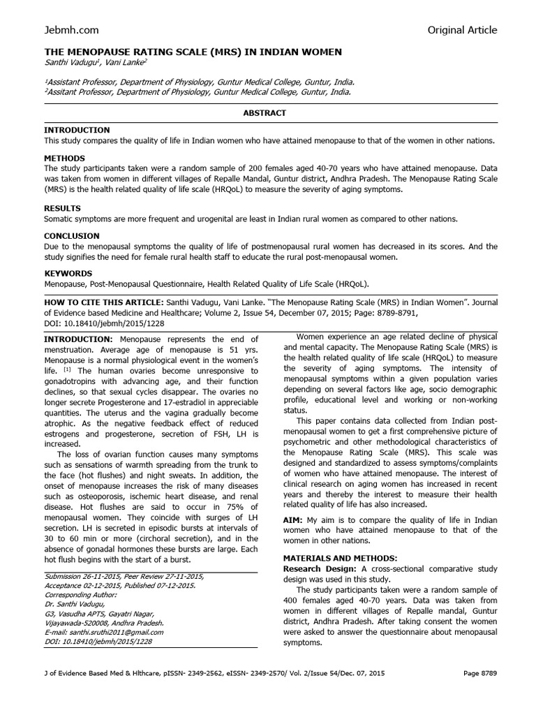 Menopause Rating Scale in Indian Women | PDF | Menopause | Luteinizing ...