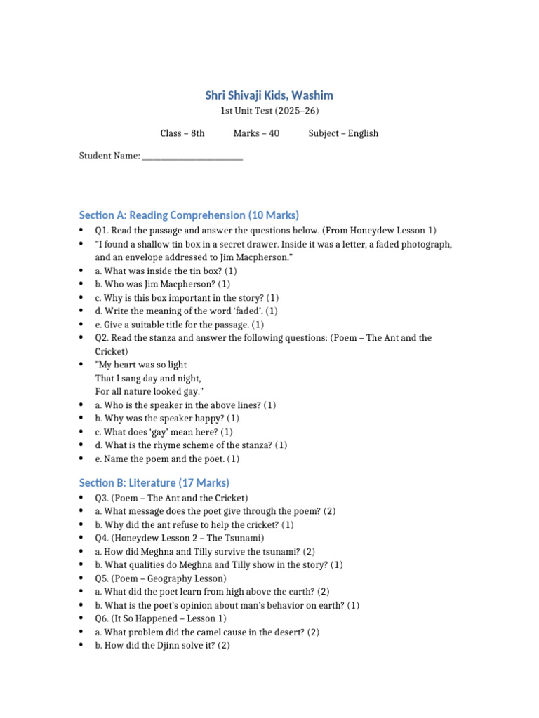 Grade8 English Unit Test Final | PDF | Poetry