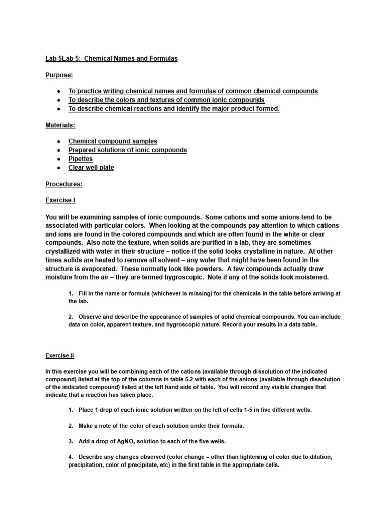 Lab 5lab 5 - Chemical Names and Formulas | PDF | Ion | Hydroxide