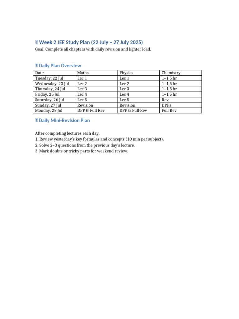 Week 2 JEE Study Plan Neeraj | PDF