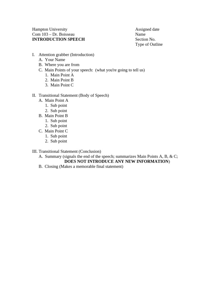 Intro Speech Outline | PDF