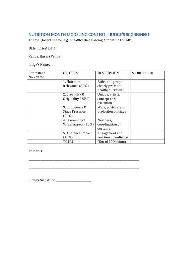 Nutrition Month Modeling Scoresheet | PDF