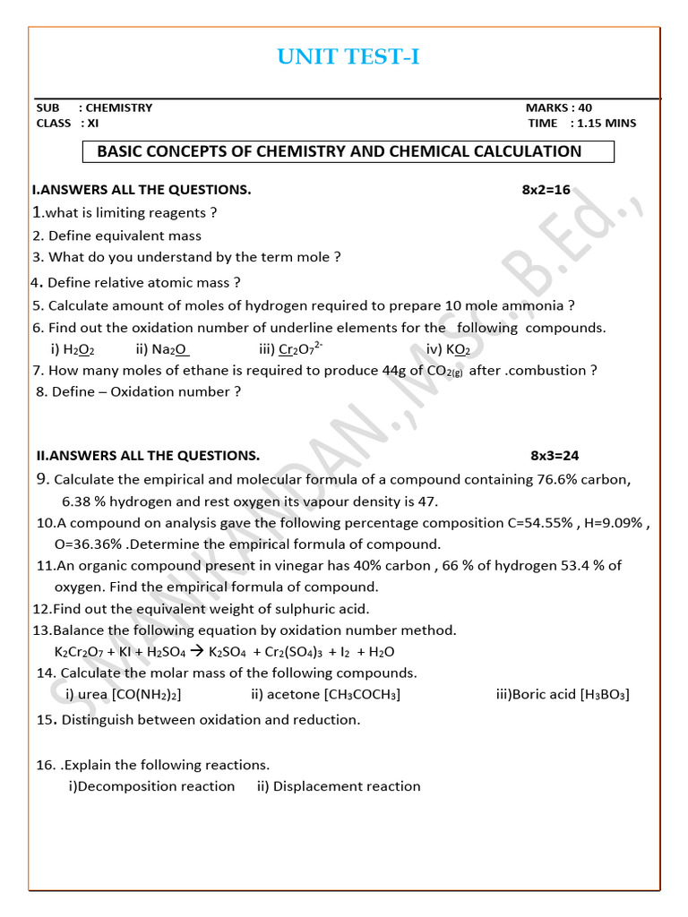Class 11 Chemistry Unit Test Questions | PDF | Chemical Equilibrium ...