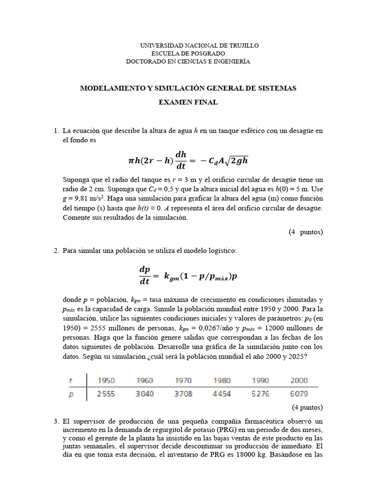 Examen Final 1 | PDF | Ecuaciones | Simulación por ordenador