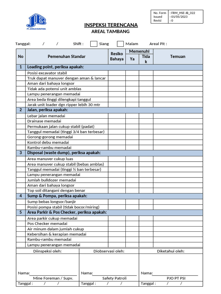 Form Inspeksi Area Tambang | PDF