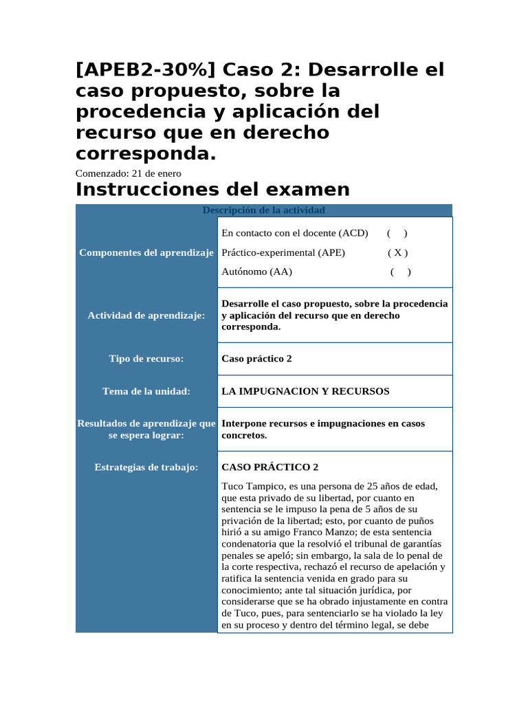 (APEB2-30%) Caso 2 Desarrolle El Caso Propuesto, Sobre La Procedencia y Aplicación Del Recurso ...