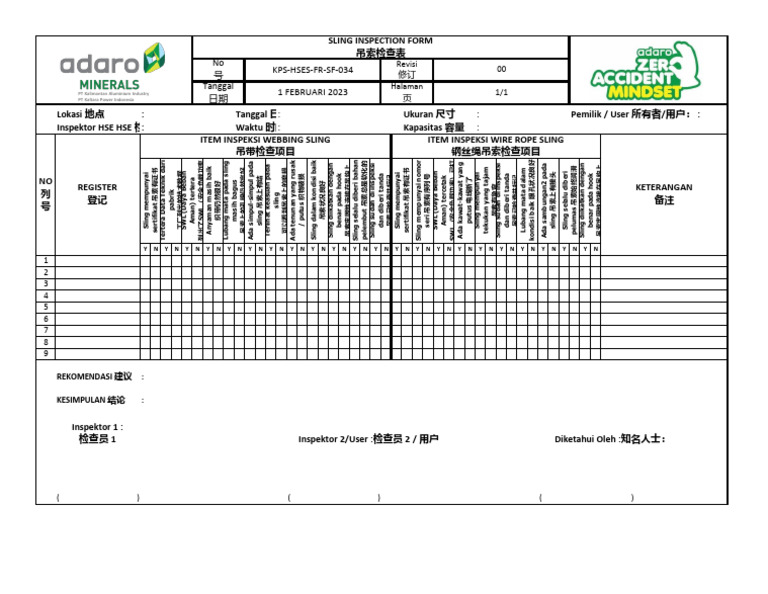 KPS-HSES-FR-SF-034 Form Inspeksi Webbing Dan Wire Sling - 吊索检查表 | PDF