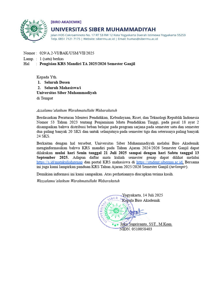 029 - A.2-VI - BAK - USM - VII - 2025 Surat Edaran Pengisian KRS Mandiri TA 2025 - 2026 Semester ...
