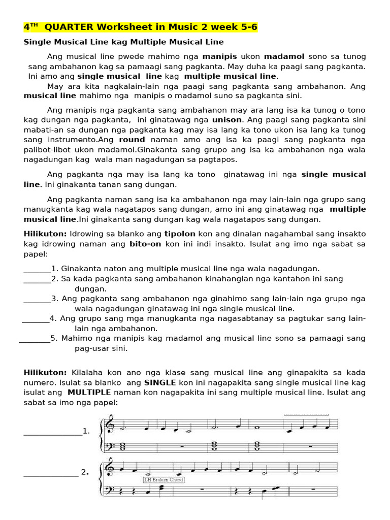 4th QUARTER Worksheet in Music 2 PE Week 5 6 | PDF