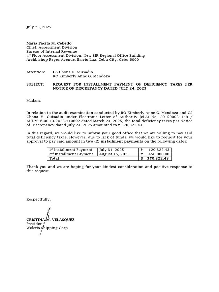 Installment Payment Request - Welcris Shipping Corp - PDF | PDF