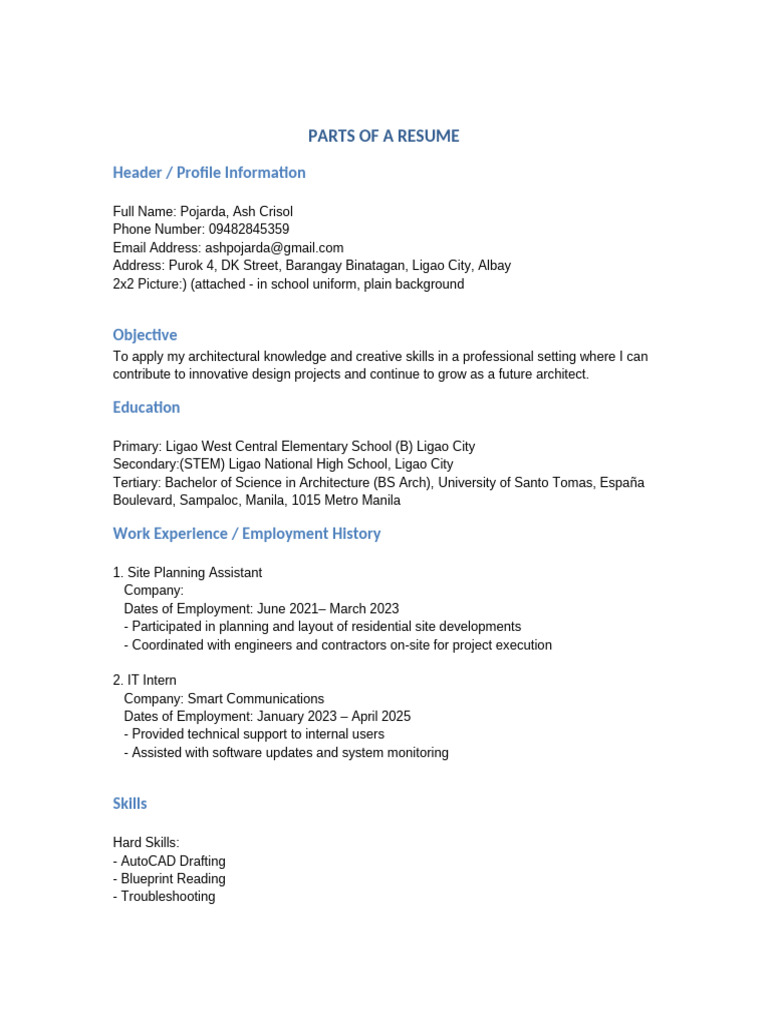 Sample Resume Parts Filled | PDF