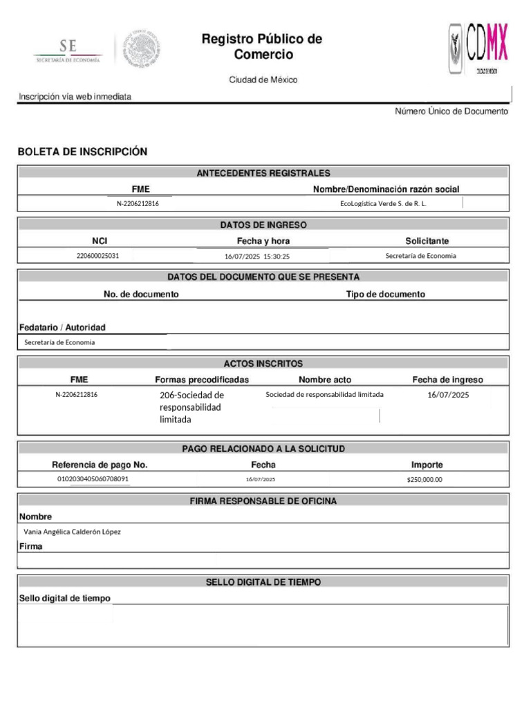 Formato de Registro Publico de Comercio Editado Word | PDF