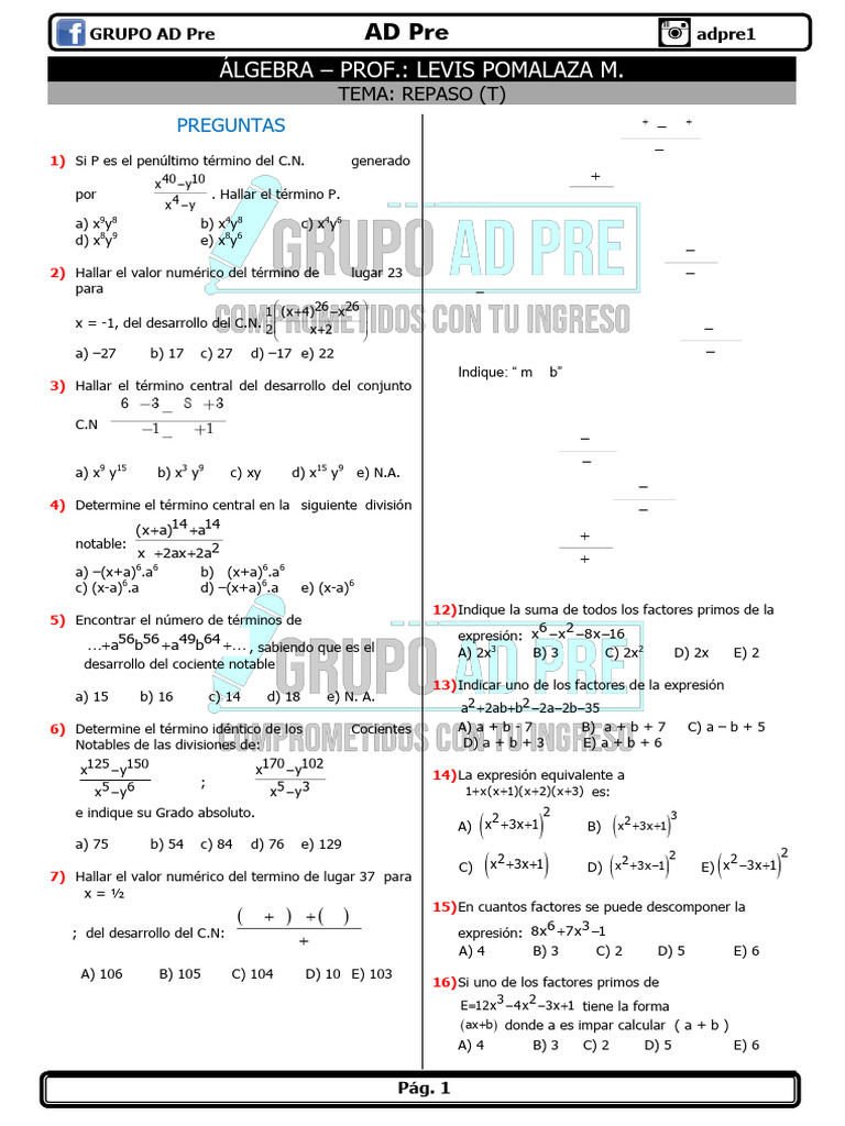 Repaso 02 - Álgebra (T) | PDF | Factorización | Análisis matemático