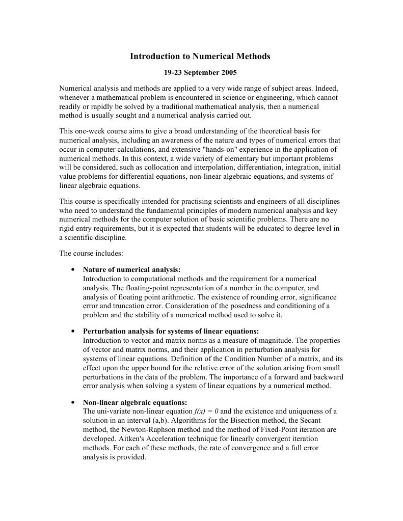 Introduction To Numerical Methods: 19-23 September 2005 | PDF | Finite Difference | Numerical ...