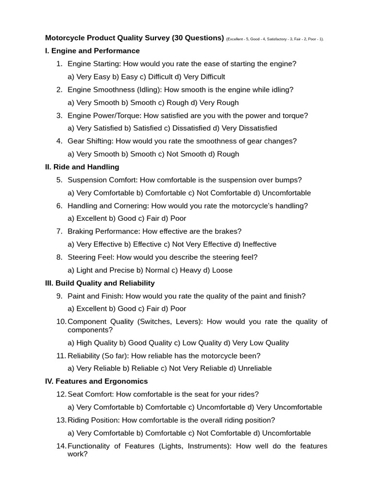 Motorcycle Quality Survey: 30 Questions | PDF | Motor Vehicle | Land ...