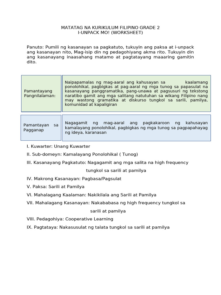 Matatag Na Kurikulum Filipino Grade 2 | PDF
