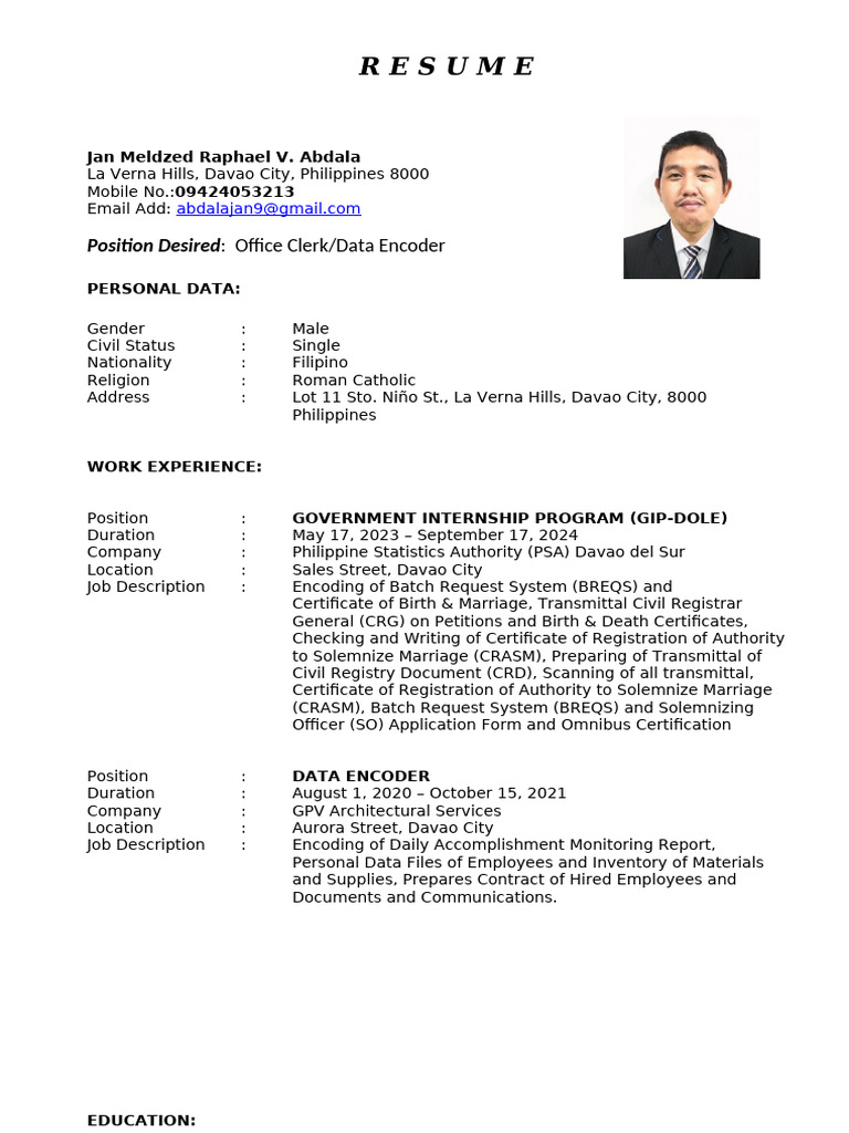 Office Clerk/Data Encoder Resume | PDF