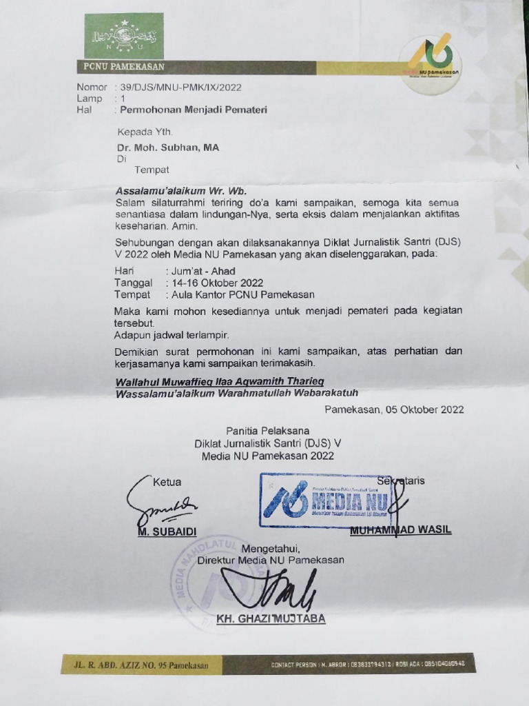 Permohonan Pemateri Dr. Moh. Subhan | PDF