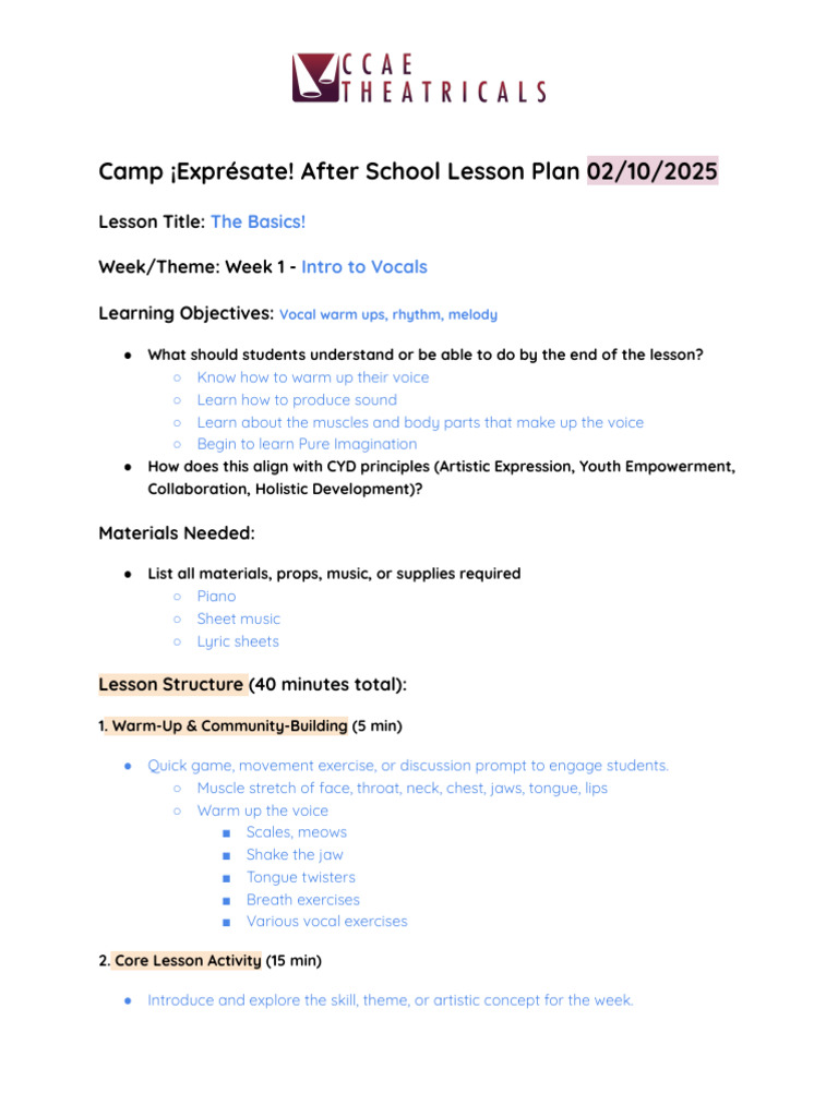 Singing Lesson Plan #1 | PDF