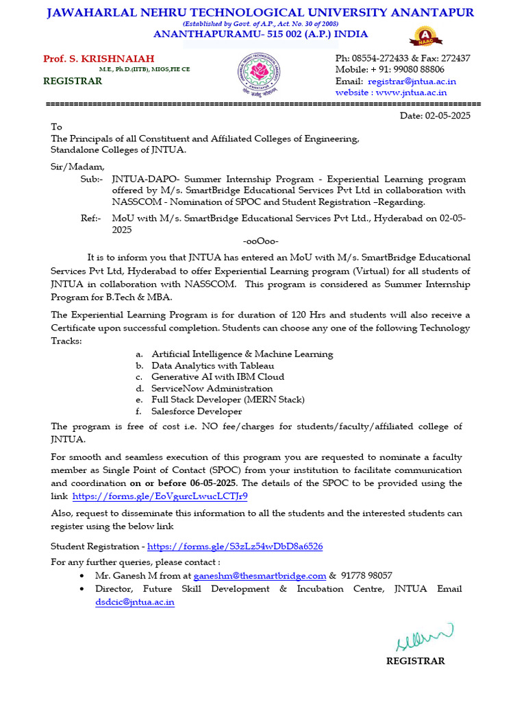 Letter To Principals Nomination of SPOC and Student Registration | PDF