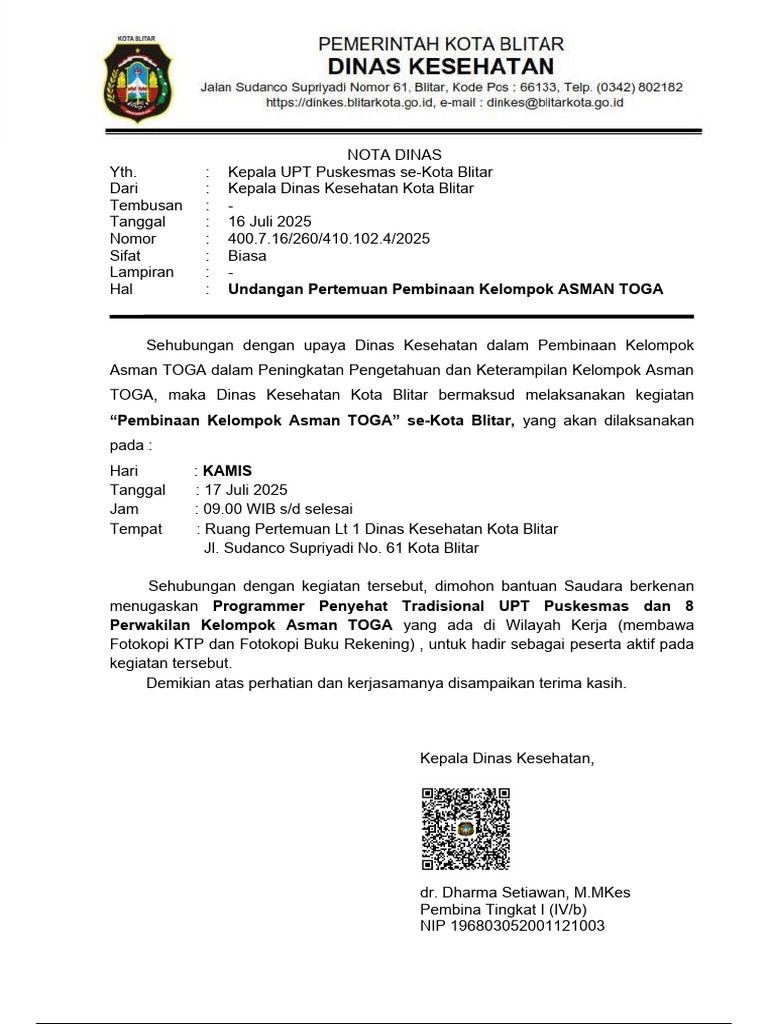 NOTA DINAS Pembinaan Kel Asman Toga 2025.pdf NEW | PDF