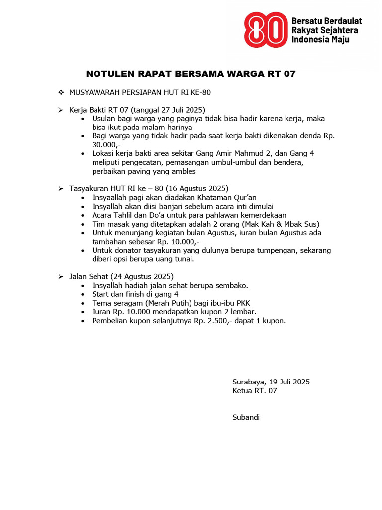 Notulen Rapat Bersama Warga RT 07 | PDF