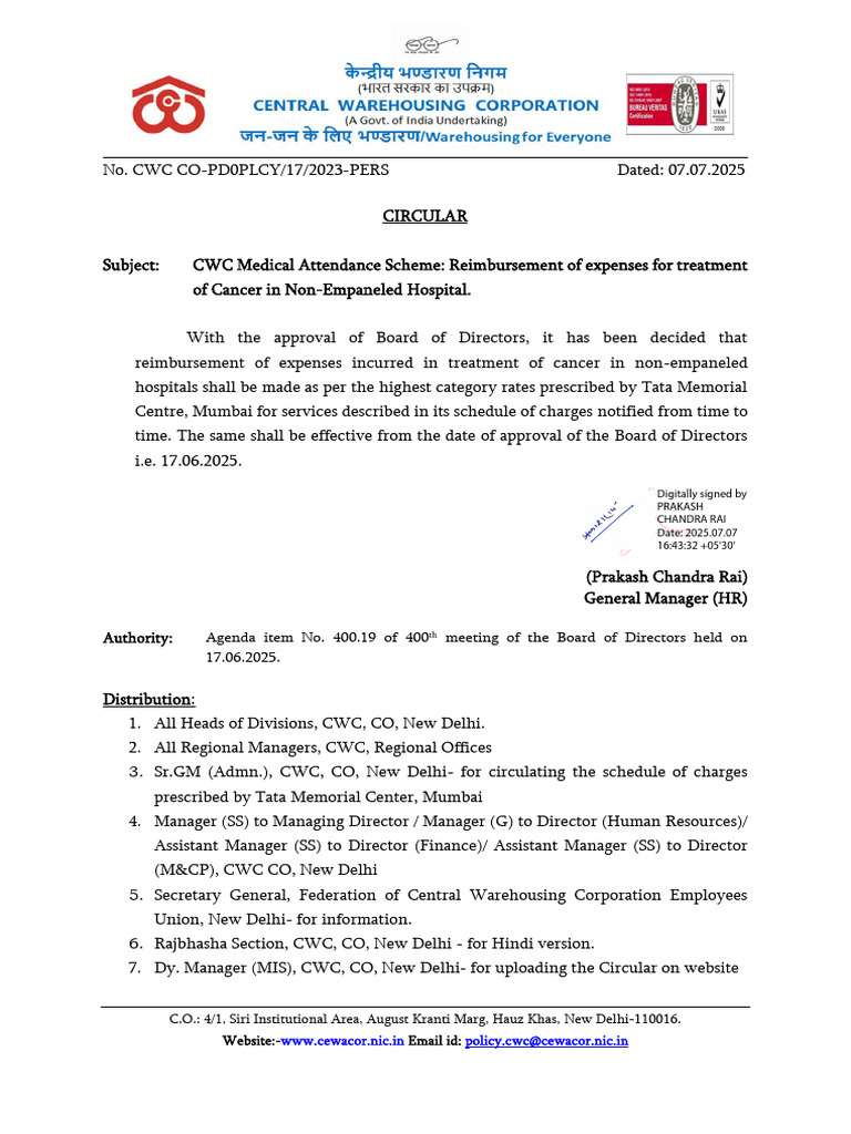 CWC Medical Attendance Schemebajsdnd Reimbursement of Expenses For ...
