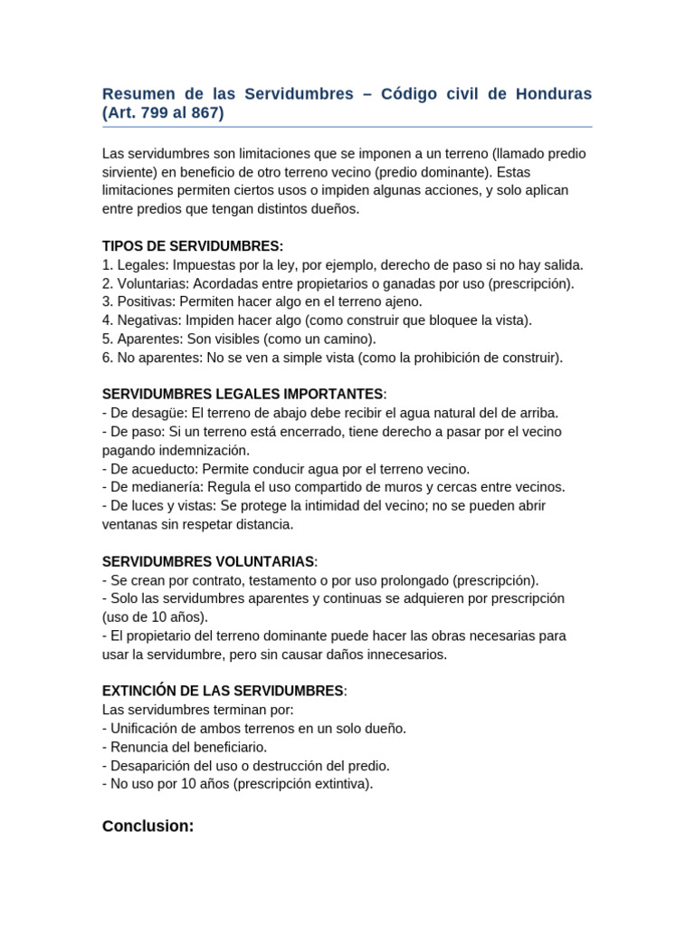 Resumen Servidumbres Codigo Civil Honduras | PDF