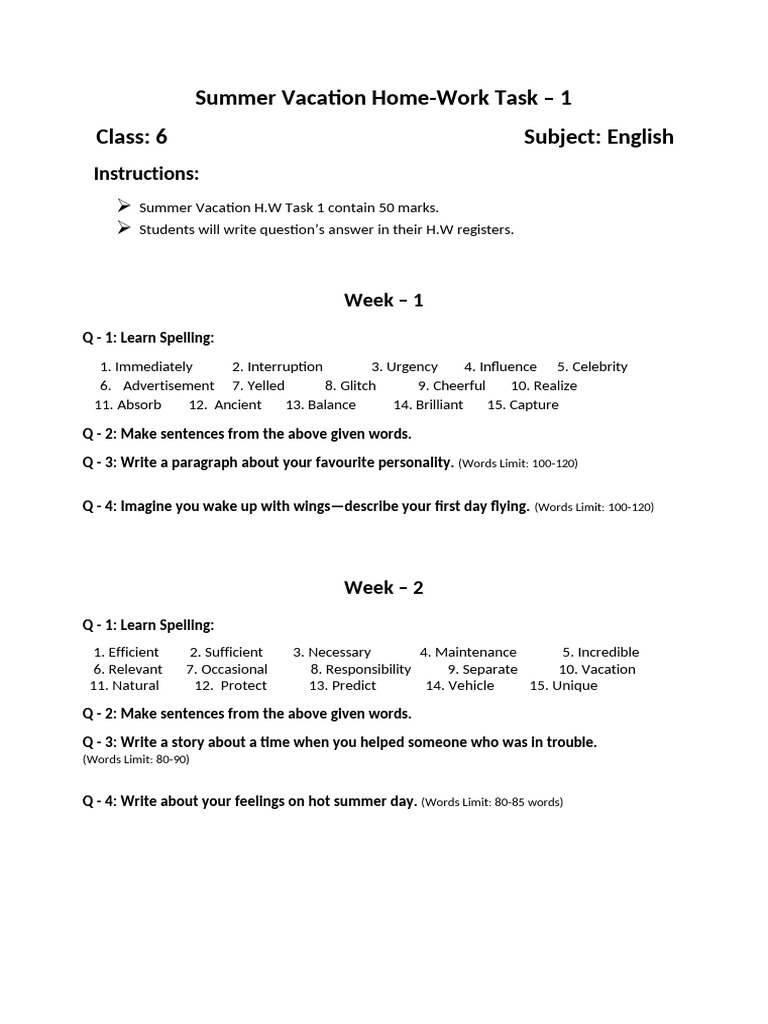 Summer Vacation English Tasks for Class 6 | PDF