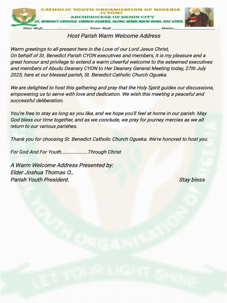 Abudu Deanery CYON Parish Welcome Address | PDF
