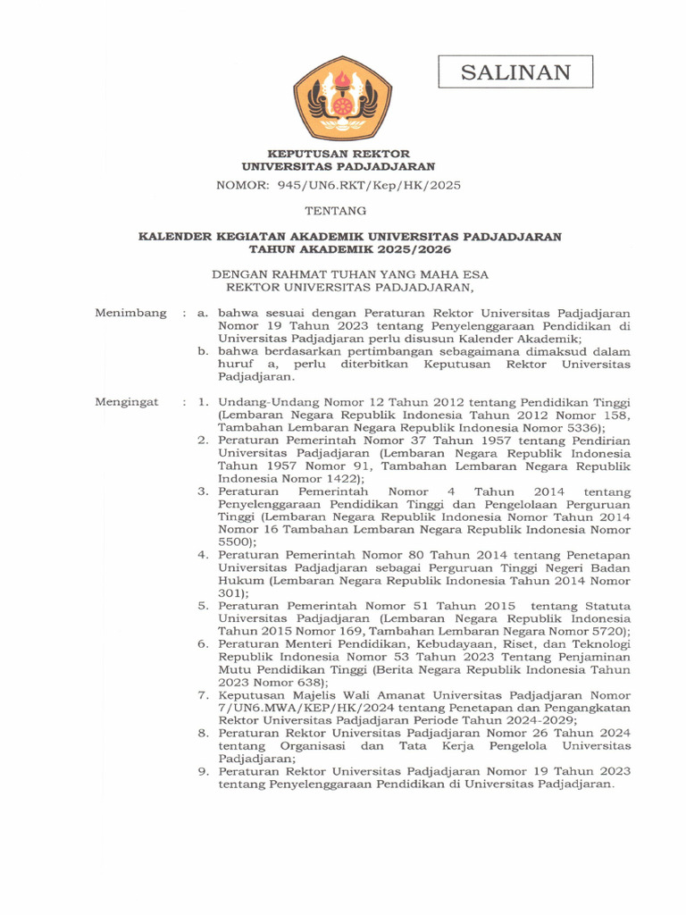 Salinan SK No 945 Tahun 2025 Kalender Akademik Unpad TA 2025 2026 | PDF