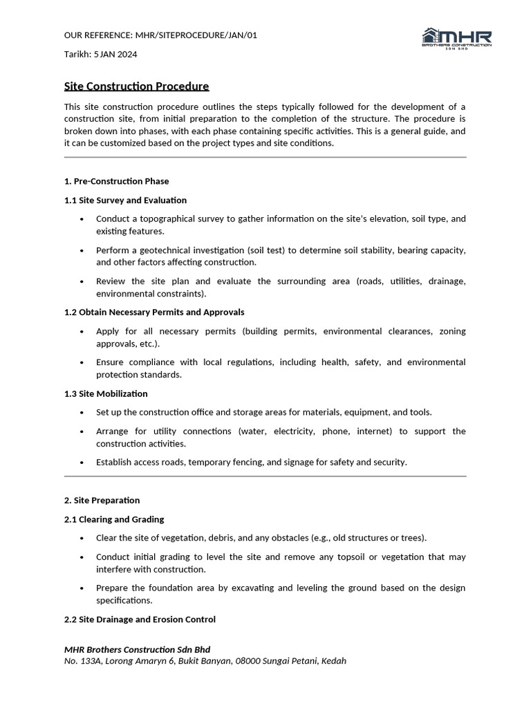 Site Construction Procedure | PDF | Foundation (Engineering) | Concrete