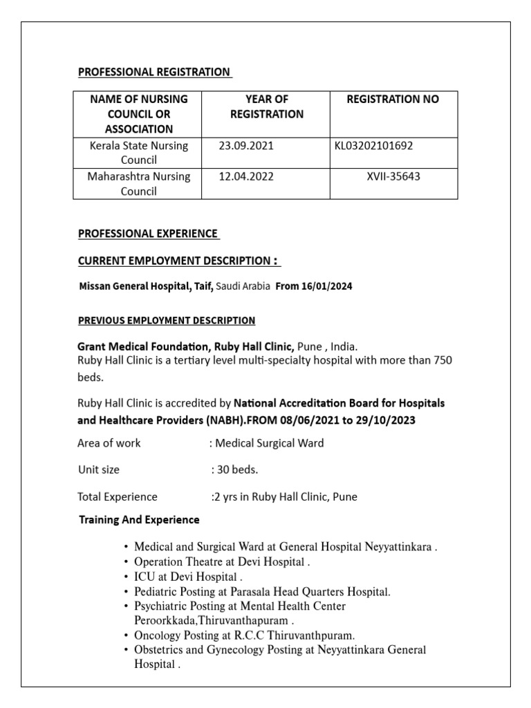 Nursing Professional Registration & Experience | PDF