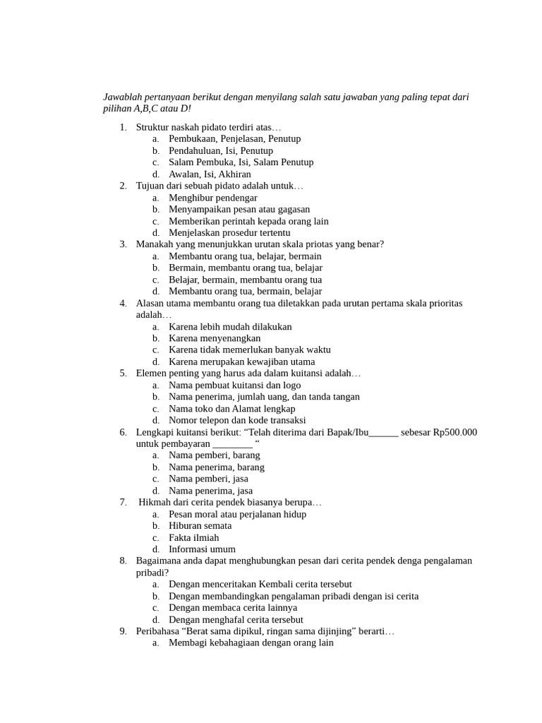 Soal Ujian Bahasa Indonesia Kelas 6 2025 | PDF