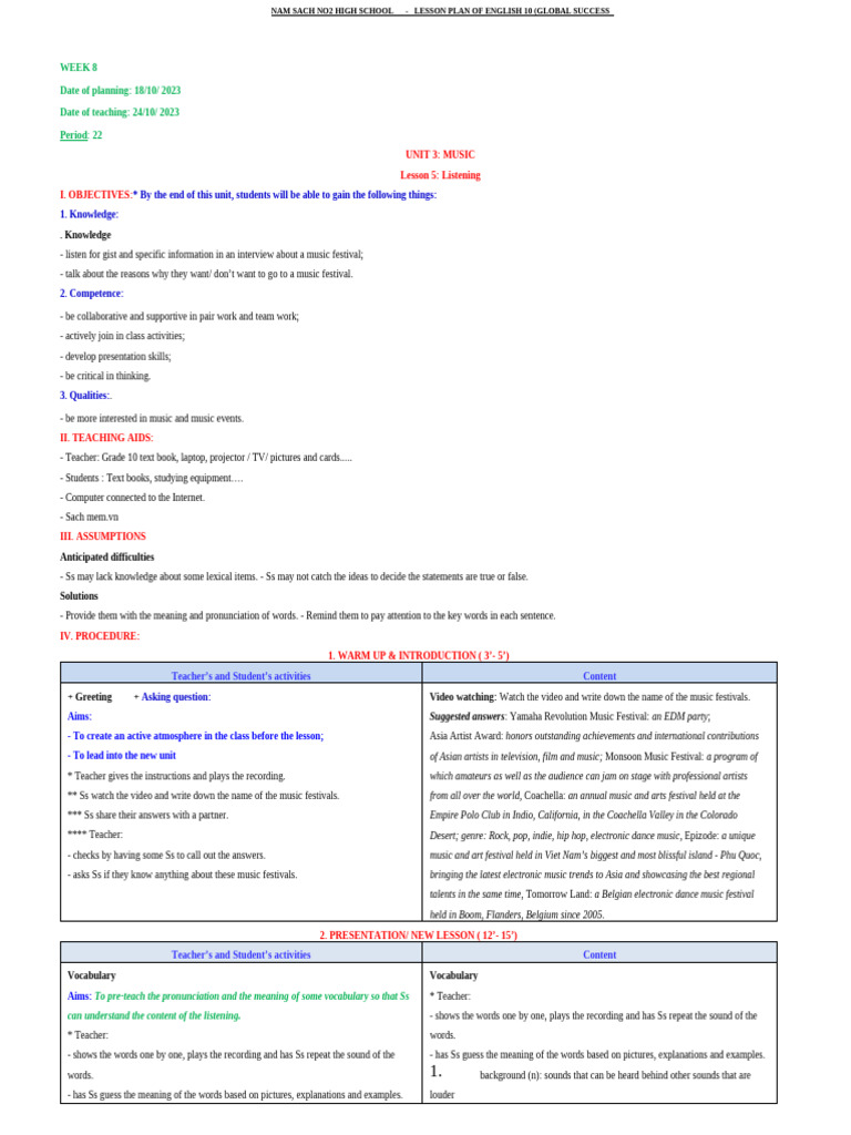 Thập - Week 8 - Lesson Plan e 10 | PDF | Question | Lesson Plan
