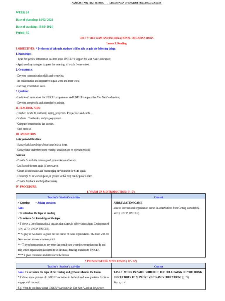Thập - Week 24 - Lesson Plan e 10 | PDF | Lesson Plan | Asia Pacific ...