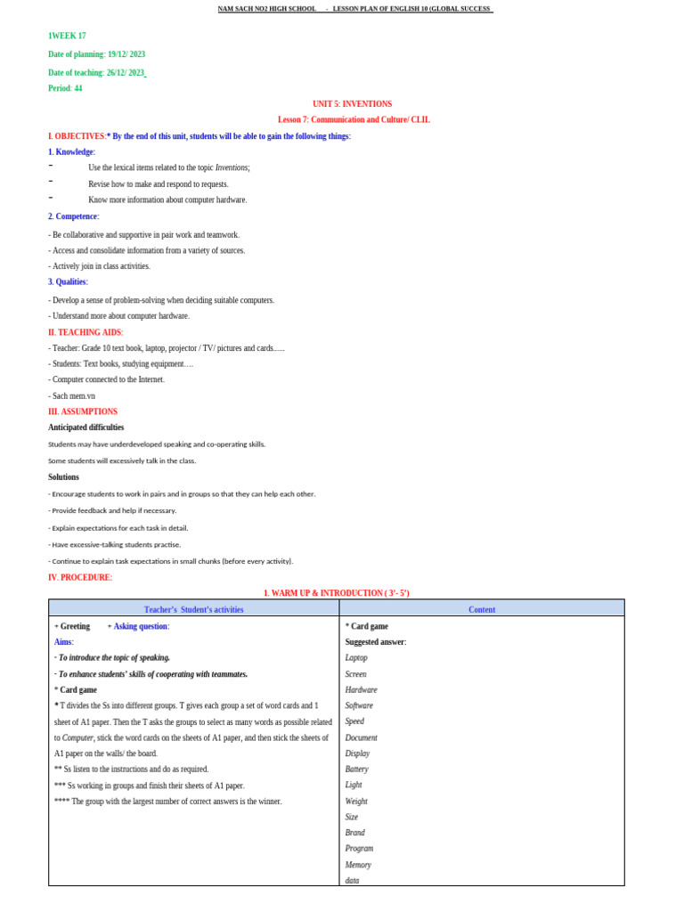 English 10 Lesson Plan: Inventions Unit | PDF | Crossword