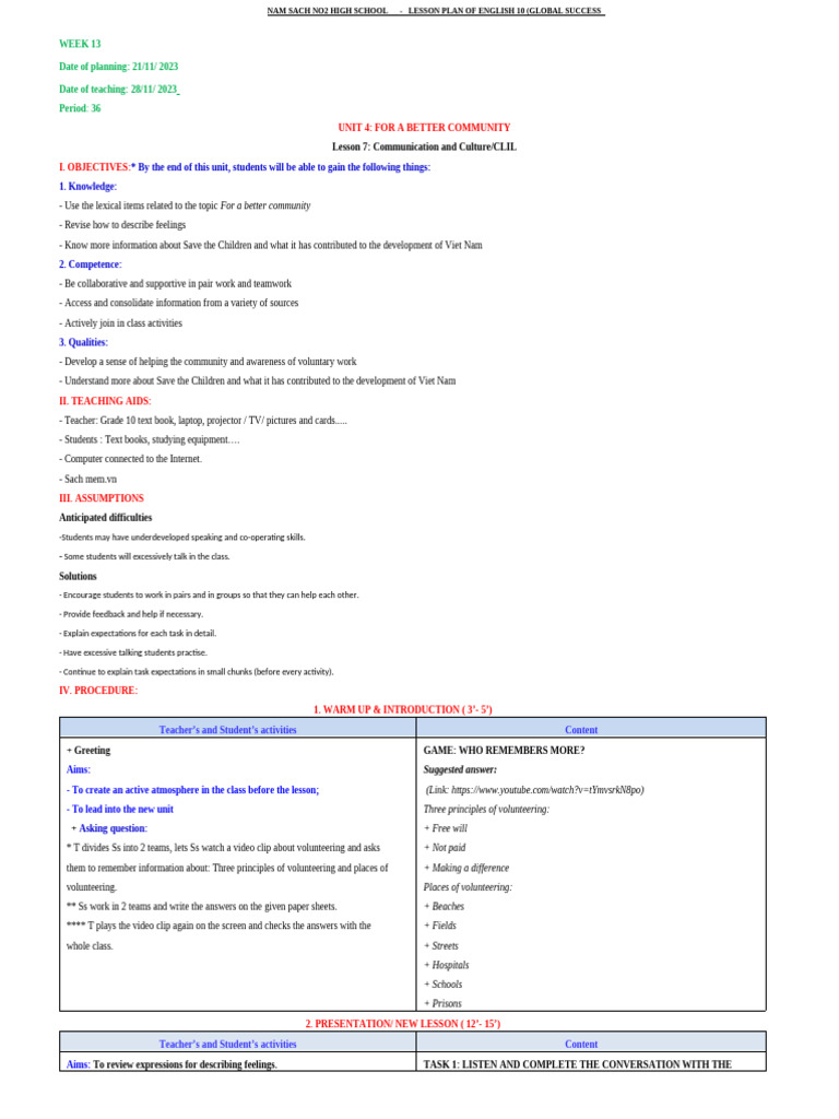 Thập - Week 13 - Lesson Plan e 10 | PDF | Lesson Plan | Vocabulary