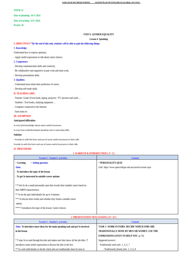 Thập - Week 21 - Lesson Plan e 10 | PDF | Knowledge | Lesson Plan