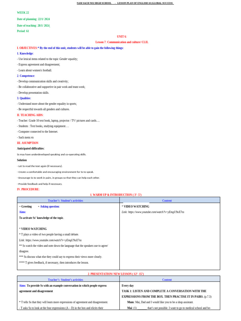 Thập - Week 22 - Lesson Plan e 10 | PDF | Adjective | Stress (Linguistics)