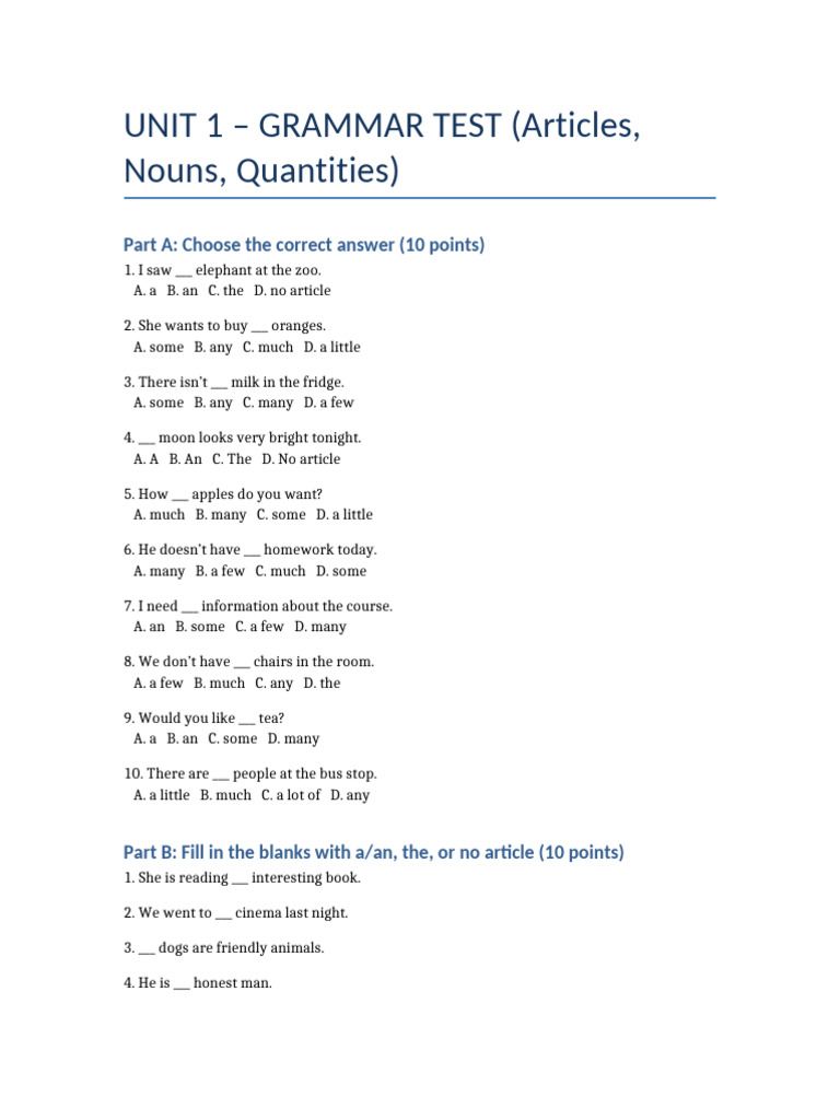Grammar Test: Articles & Quantities | PDF