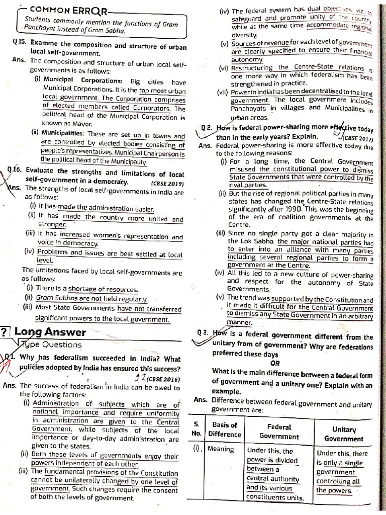 Class 10, Civics, L-2, Federalism, Long Questions | PDF