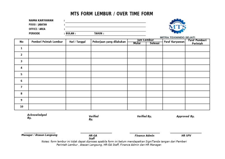 Form Lembur Karyawan MTS | PDF