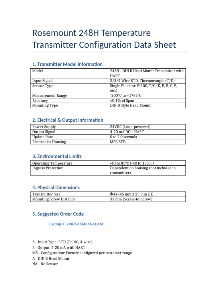 Rosemount 248H Temperature Transmitter Data | PDF