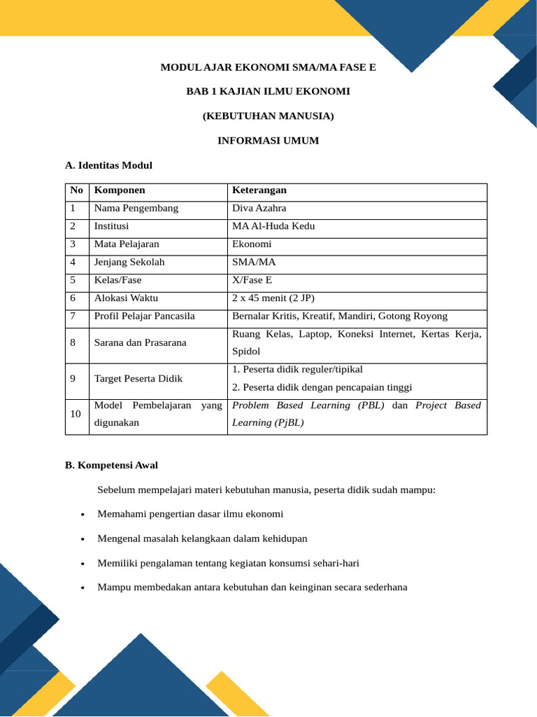 Modul Ajar Ekonomi Kelas X (Kebutuhan Manusia) | PDF